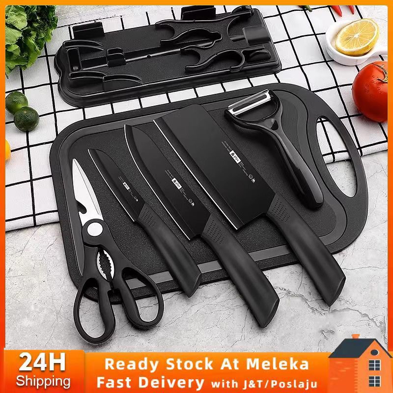 7 in 1 Black Steel Nonstick Kitchen Knife Set Dapur Pisau Gunting ...