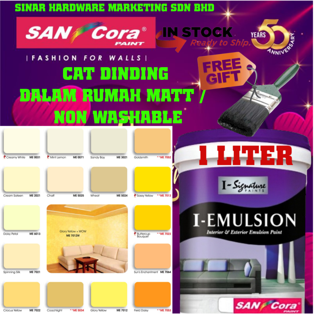 SINAR SANCORA I-EMULSION MATT 1 LITER CHEERFUL YELLOW INTERIOR WALL PAINT/ CAT DINDING DALAM ...