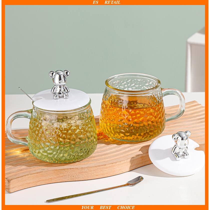 Bear lid hammer pattern glass mug with spoon Bear galss mug Cawan kaca ...