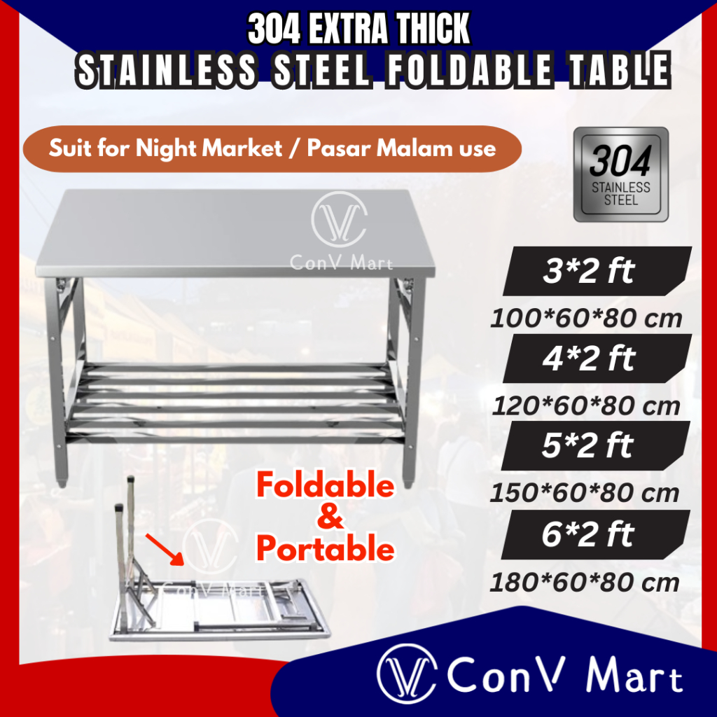 3FT/4FT/5FT/6FT 304 Stainless Steel Easy Foldable Table for Commercial ...
