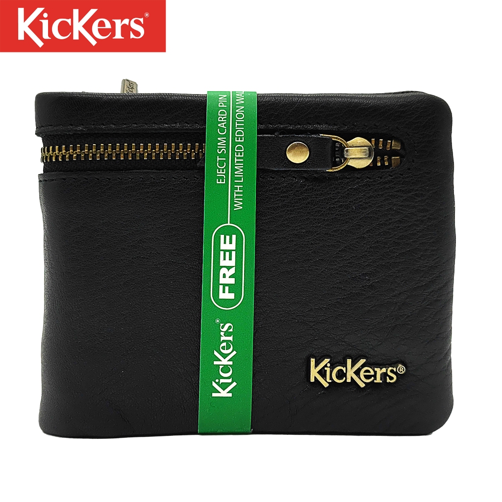Kickers Genuine Top Grain Cow Leather Black Copper Logo Bifold Short ...
