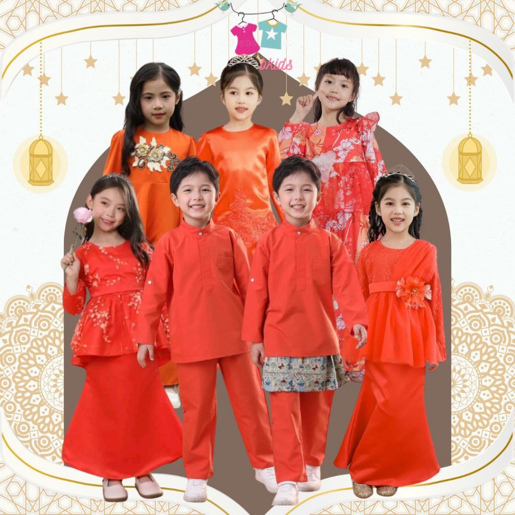 MOODAKIDS 2025 Baju Raya sedondon budak lelaki perempuan brick orange ...