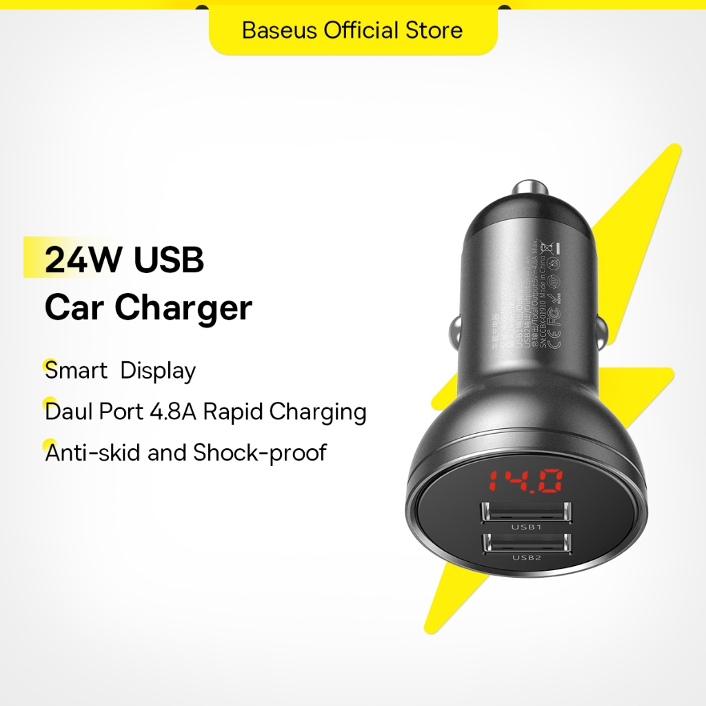Baseus 24W 4.8A Dual USB Metal Car Charger LED Display Fast Charging ...