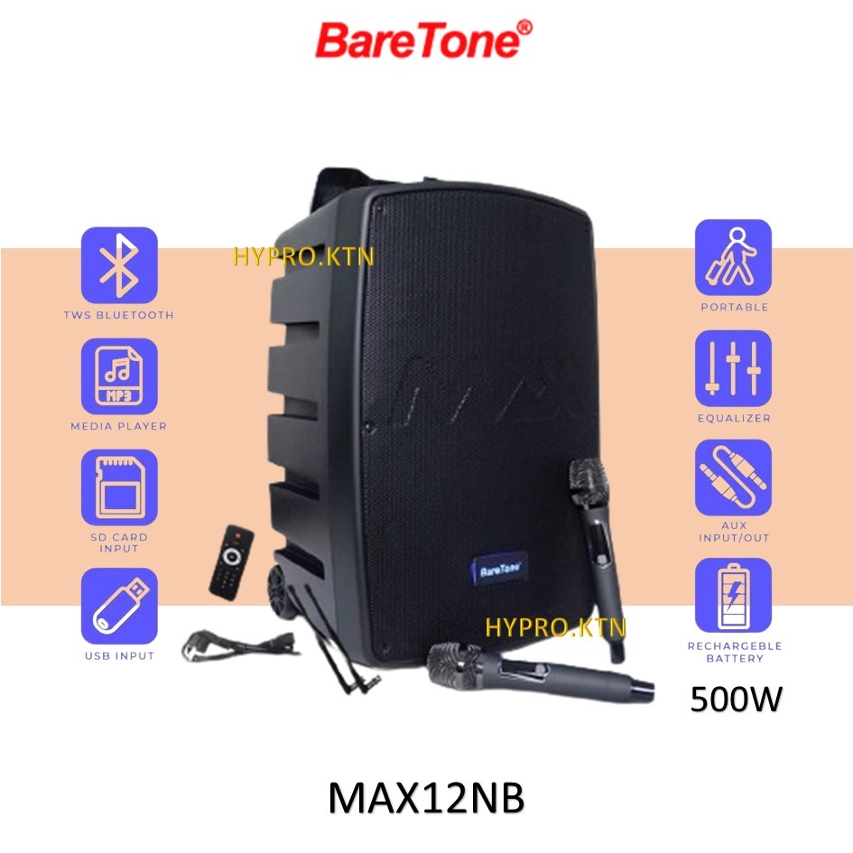 Baretone MAX-12NB / MAX12NB 12" Portable Speaker Bluetooth with Two UHF ...