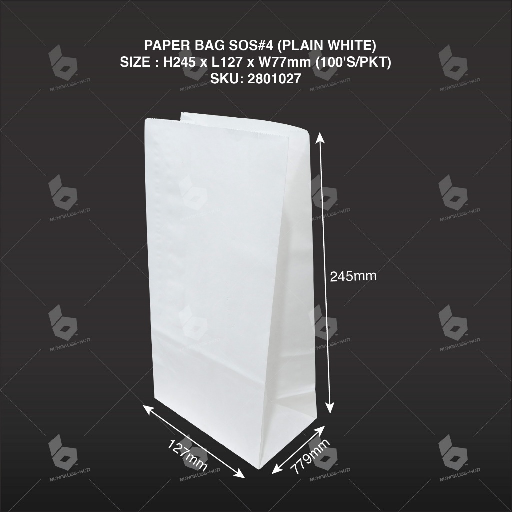 100 PCS White SOS Paper Bags 4 – H245 x L127 x W77mm and Custom Logo ...