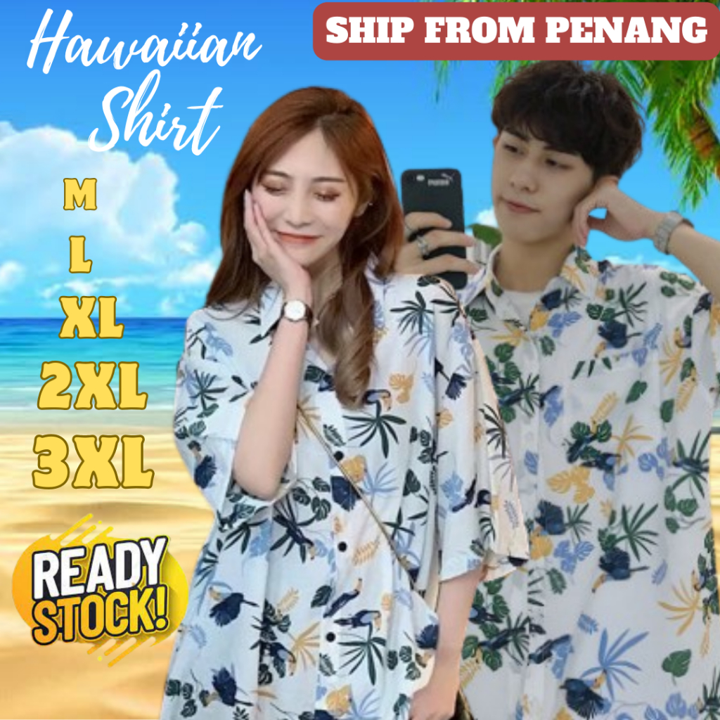 (Ready Stock)Shirt Leaf Women Men's summer slim casual Hawaii floral ...