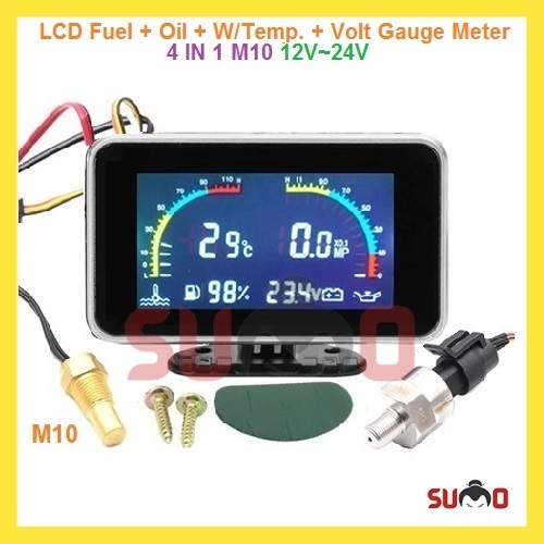4 in 1 12V-24V Universal LCD Fuel, Oil, Water Temperature and Volt ...