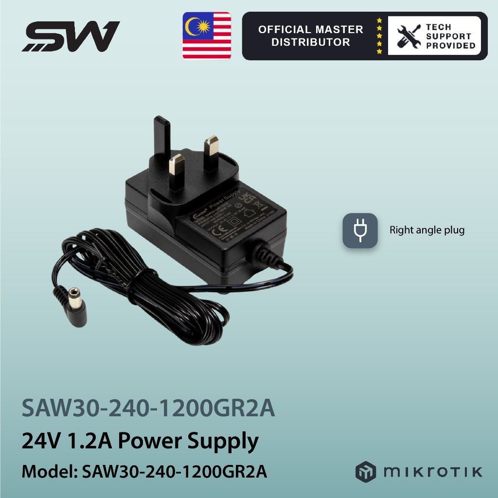 Mikrotik SAW30-240-1200GR2A - 24v 1.2A power supply with right angle ...