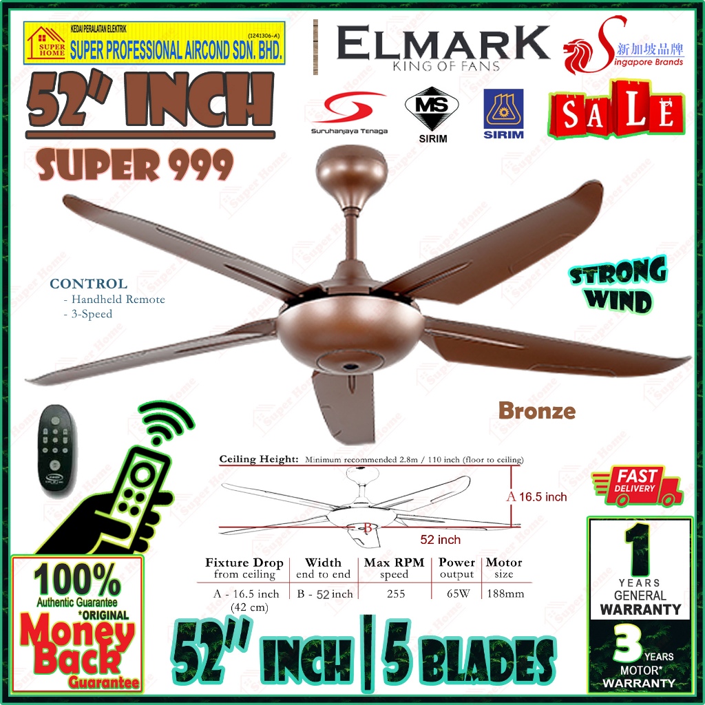 Elmark Ceiling Fan Super999 52 inches Remote Control 5 Blade Ceiling ...