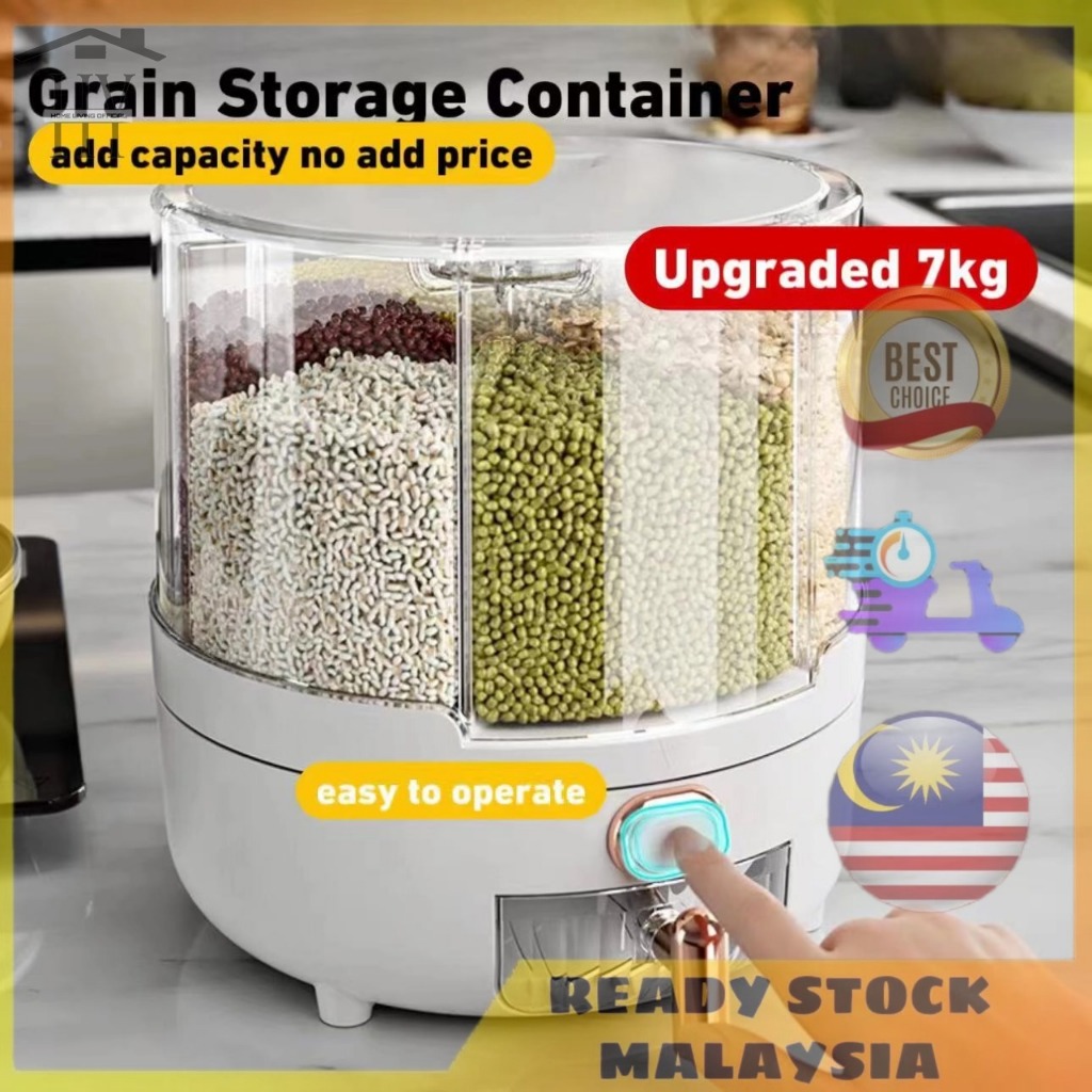 NEW UPGRADED 🔥6 Grid Rotating Rice Dispenser Rice Storage Bucket Rice ...