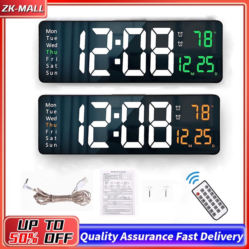 16” LED Digital Wall Clock Large Display Temperature and Humidity Night ...