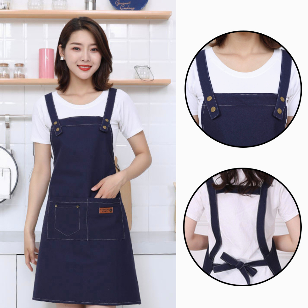 Kitchen Apron Chef Apron Hitam Murah H-Type Strap Design Denim Apron ...