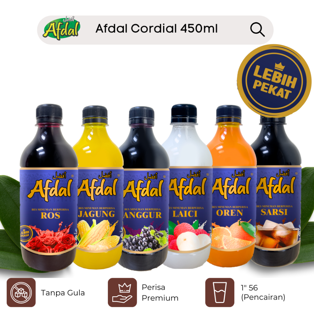 Afdal Rose, Jagung, Sarsi, Anggur, Oren, Laici Cordial 450ml ( Lebih ...