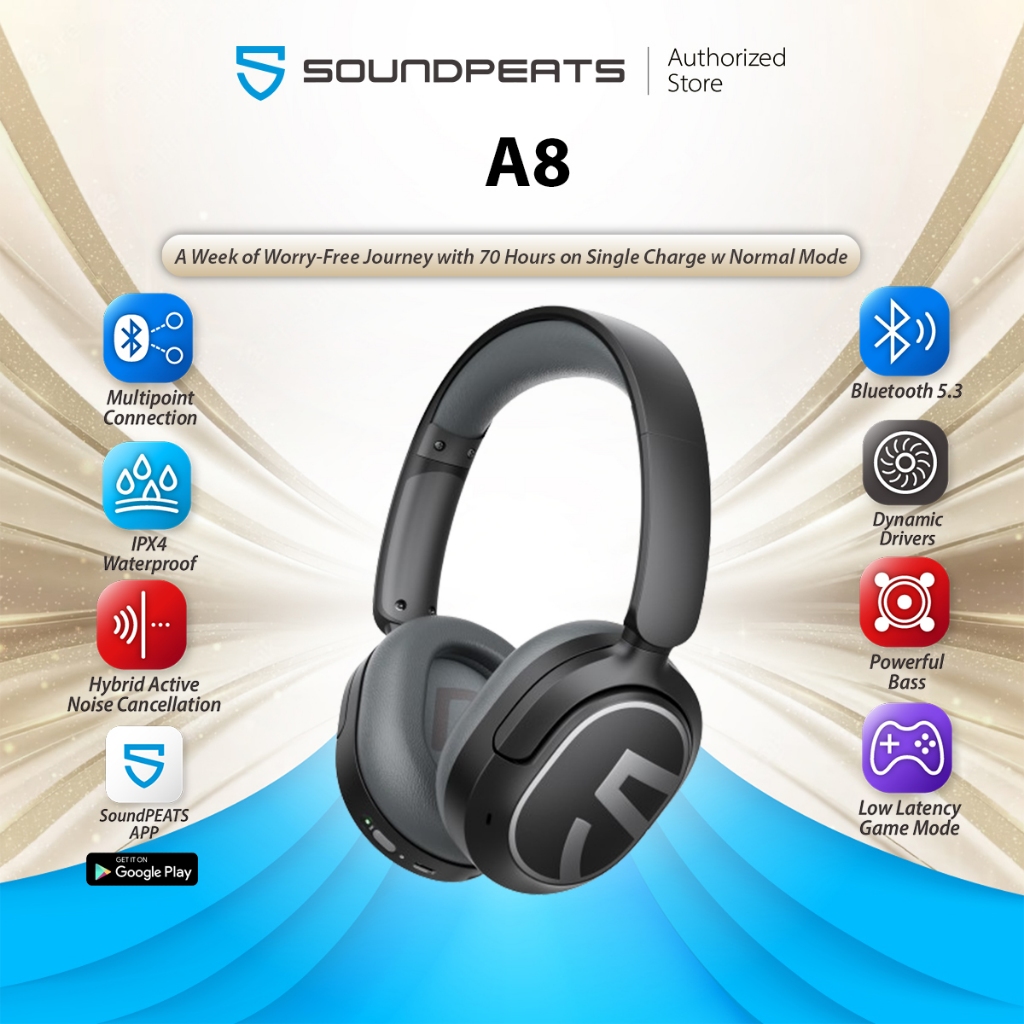 SoundPEATS A8 Bluetooth 5.3 Hybrid Active Noise Cancelling Wireless Over-Ear Headphone ...