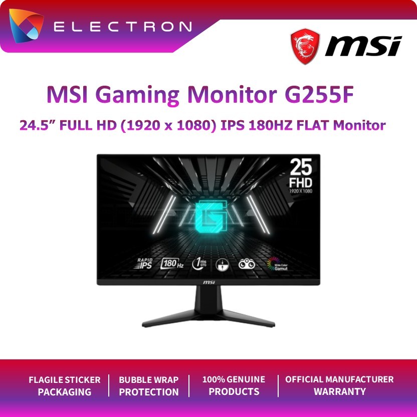 MSI G255F 24.5" FHD 180Hz Flat Gaming Monitor (HDMI, DisplayPort, 3Yrs ...