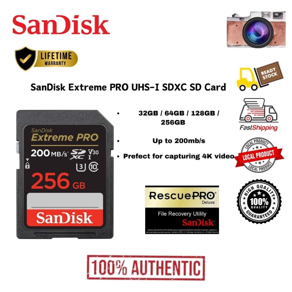 SANDISK OFFICIAL Sandisk extreme pro 256GB UHS-I SDXC 200Mb/s (Life ...