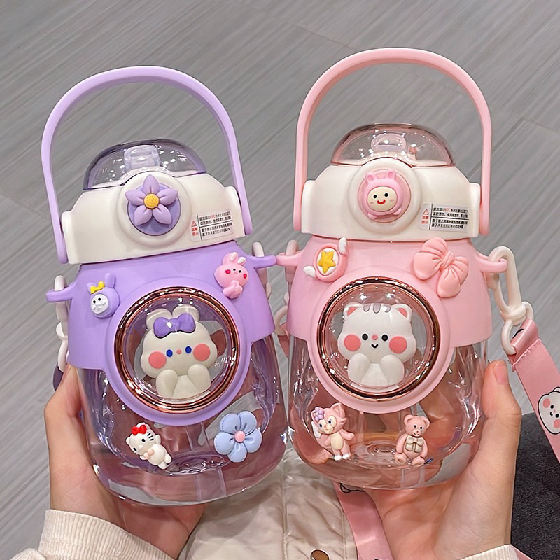 820mL Kawaii Cartoon Plastic Straw Cup With Strap Water Bottle Transparent Drinkware Travel ...