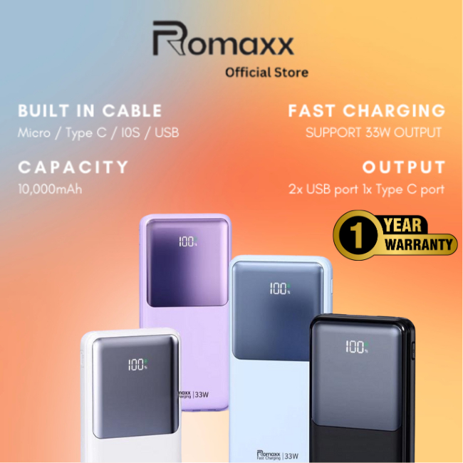 Romaxx powerbank F6 PD & QC3.0 Built In Type C/iph@ne/micro Cable 33W with LED Display 10000mah ...