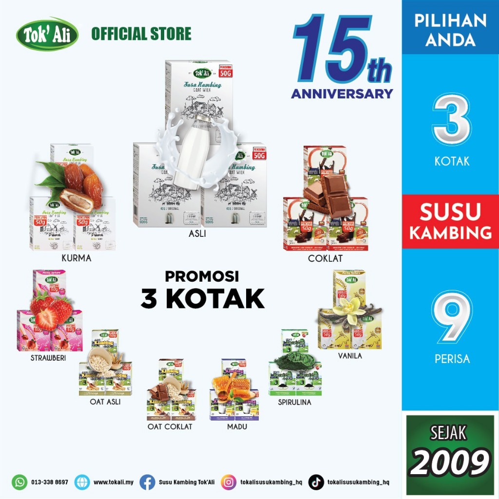 TOK' ALI SUSU KAMBING (ASLI, KURMA, COKLAT, STRAWBERI, VANILA, OAT ASLI, OAT COKLAT, MADU ...