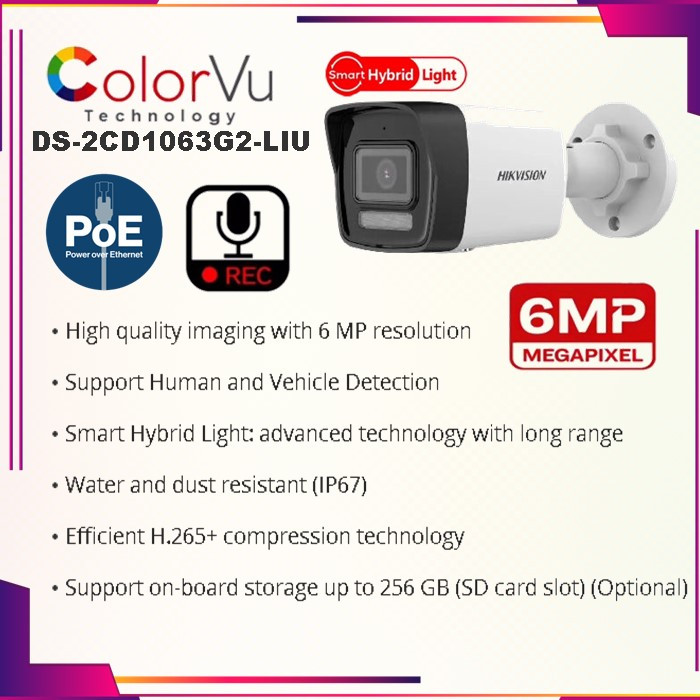 HIKVISION HIK DS-2CD1063G2-LIU 6.0MP POE + COLORVU + MIC / AUDIO Smart Hybrid Light 6MP 2048P IP ...