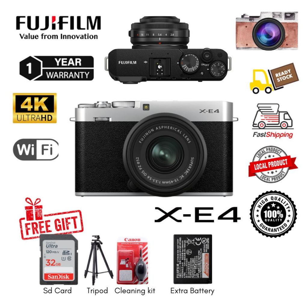 FUJIFILM X-E4 XE4 Mirrorless Camera 26.1MP APS-C X-Trans BSI CMOS 4 Sensor (Body Only) (1 Year ...