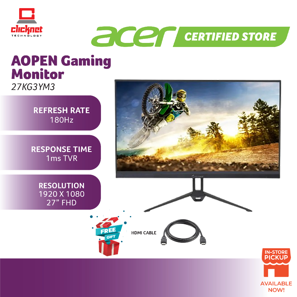 ACER AOPEN 27KG3 M3 / 27KGM3 27" GAMING MONITOR ( 27" IPS FHD / 0.5MS / 180HZ / AMD FREESYNC ...