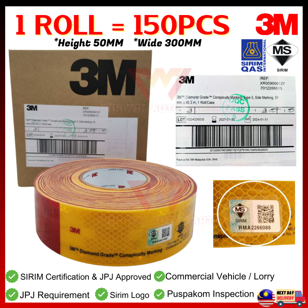3M SIDE MARKING REFLECTOR STICKER (1 Roll) 300mm X 50mm (JPJ & SIRIM ...