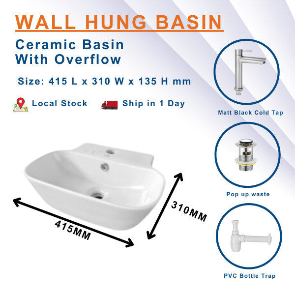 Bathroom 415MM White Ceramic Wall Hung Basin Sink Premium Seramik ...