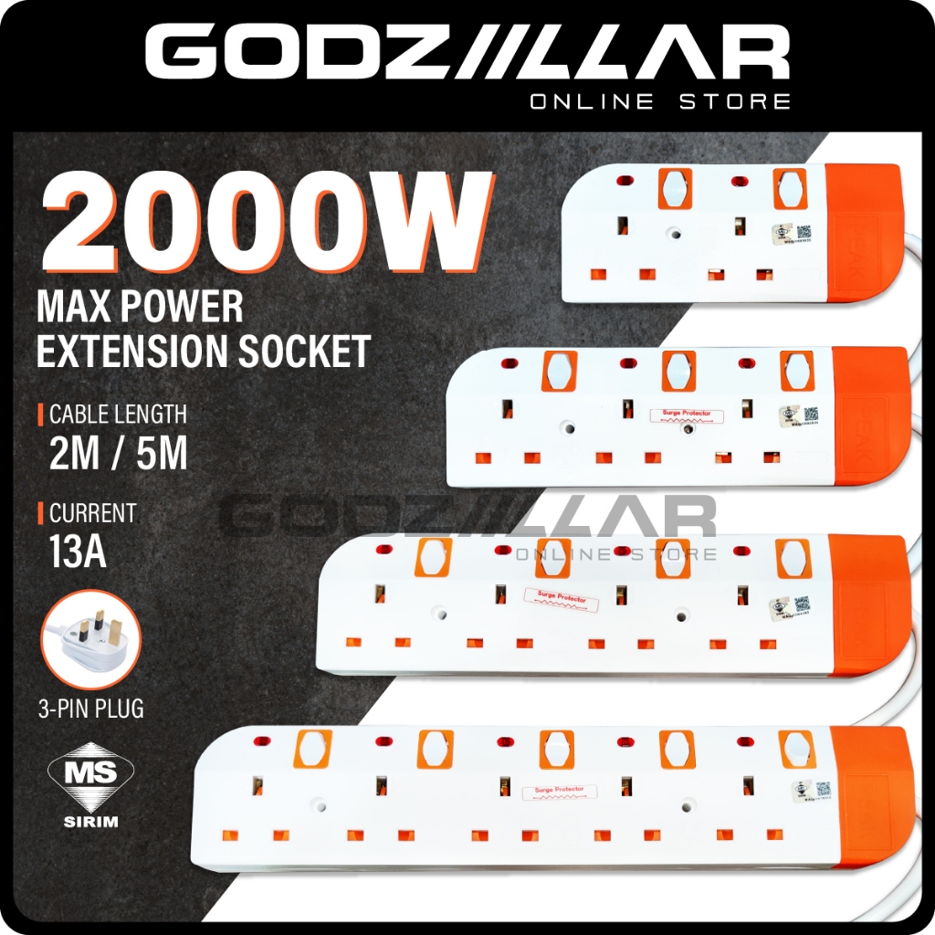 Sirim 2m 5m Peak Portable Extension Extension Socket Multile Plug Trailing Socket Extension