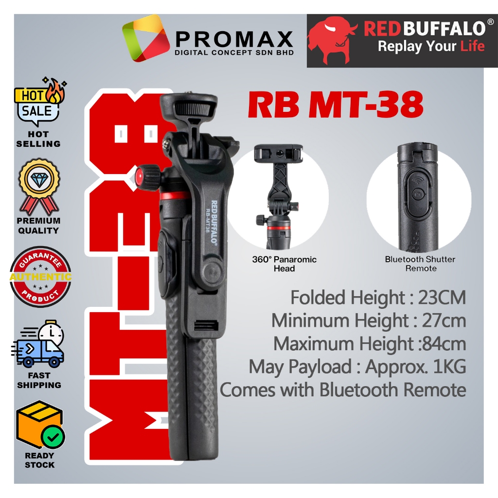 RED BUFFALO RB-MT38 HIGH EXTENDABLE SELFIE TRIPOD WITH BLUETOOTH ...