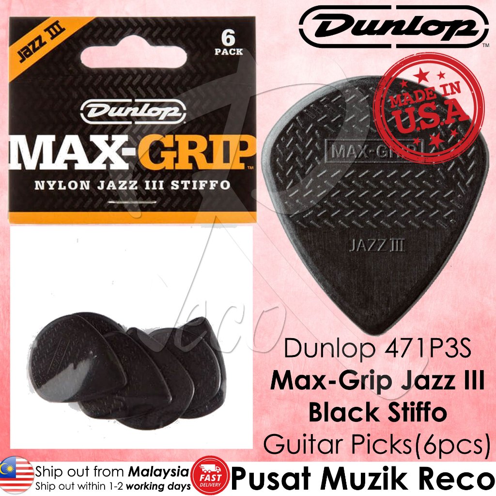 Dunlop 471P3S Black Stiffo NON SLIP Max Grip Jazz III Guitar Pick 1 ...
