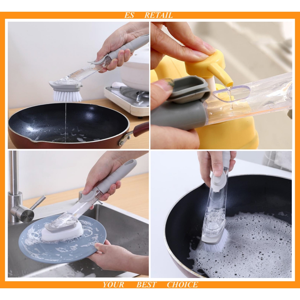 Press detergent pot brush Refillable detergent pot sponge dishwashing ...