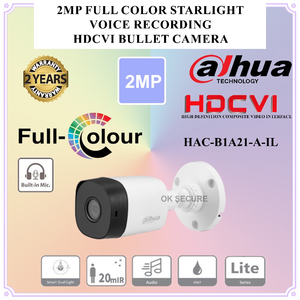 Dahua DH-HAC-B1A21-A-IL2MP Full Color Starlight HDCVI Bullet Camera ...