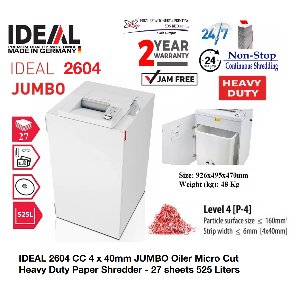 IDEAL 2604 CC 4 x 40mm JUMBO Oiler Micro Cut Heavy Duty Paper Shredder - 27 sheets 525 Liters ...