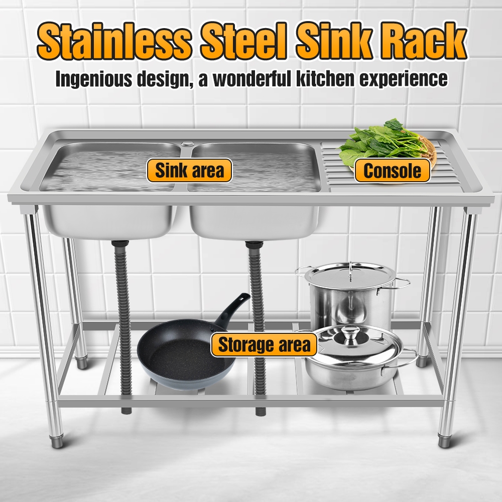 100/120cm Sinki Dapur Stainless Steel Sinki Sink With Stand Double Bowl ...