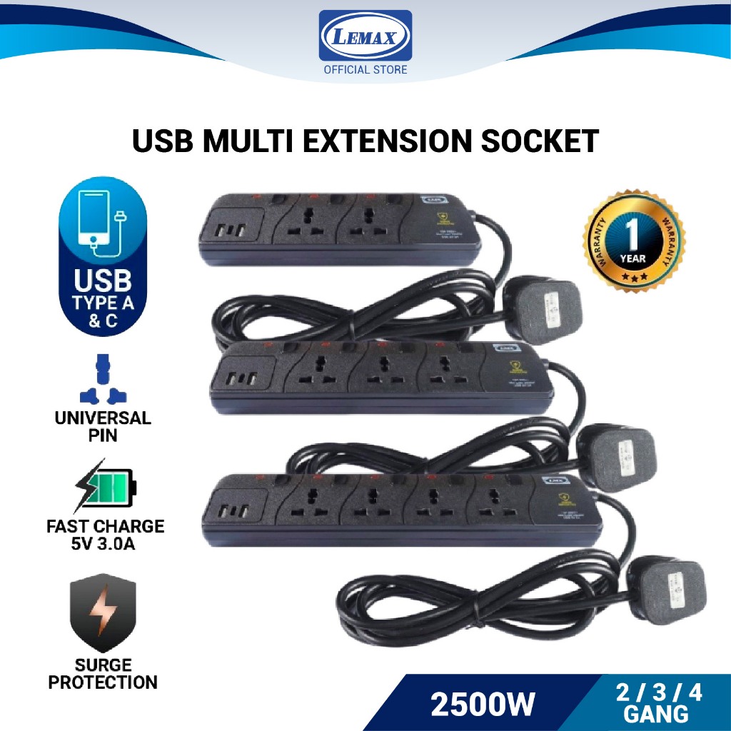 LMX USB-C & USB-A 2, 3, 4 Gang Multi Extension Socket Surge Protection ...