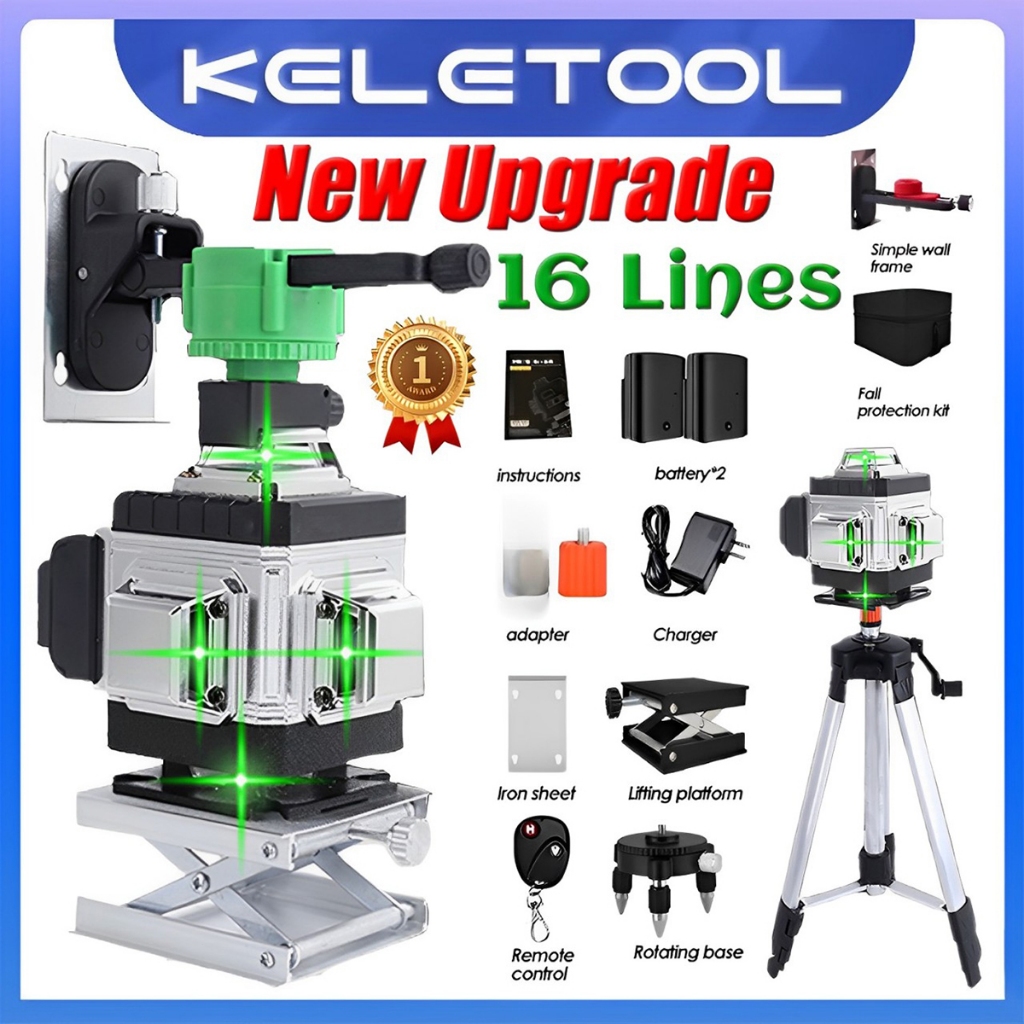 3D 4D 12 16 Lines Laser Level Battery Green Light Self-Leveling 360 ...