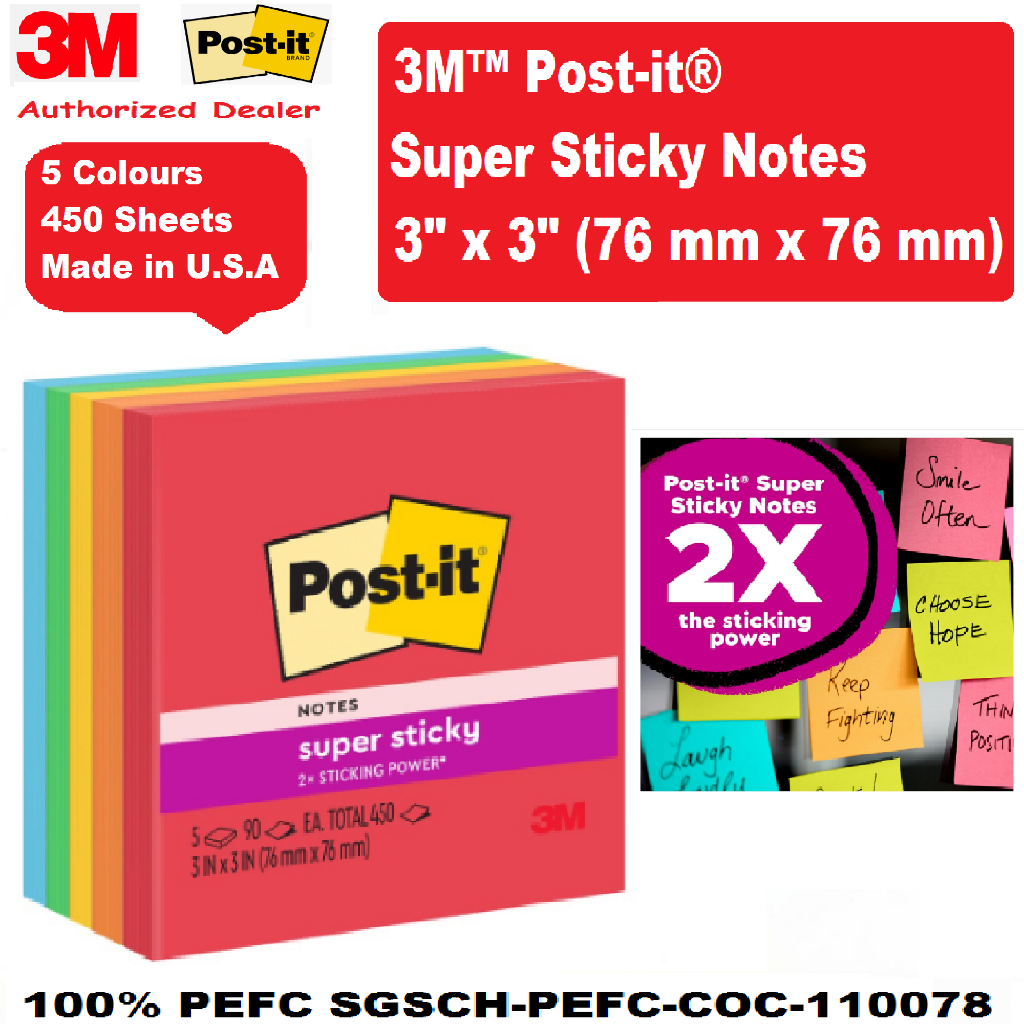 3M Post-it Notes Super Sticky , 2x Sticking Power, 450 pcs/pad, 3" x3 ...