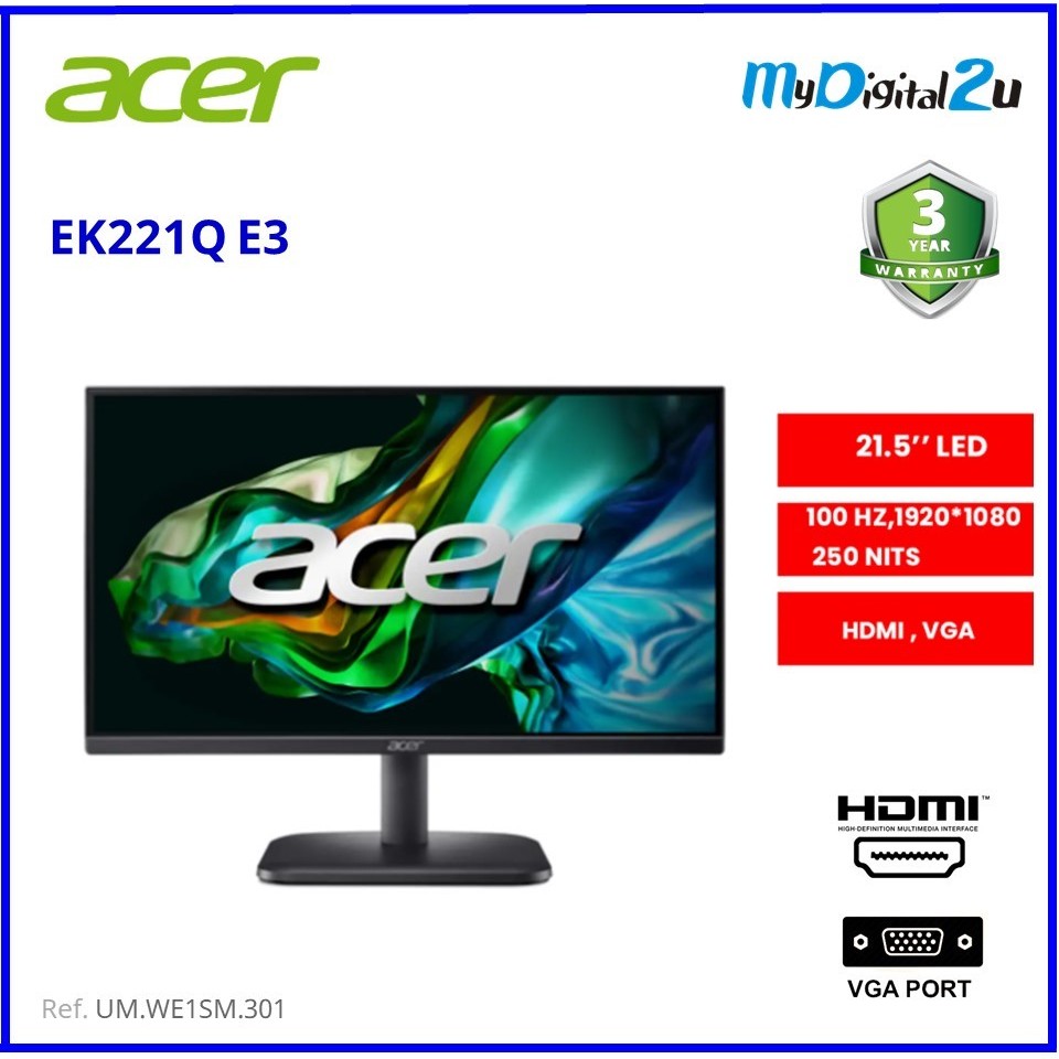 ACER 21.5" WIDE LED MONITOR EK221QHbi /EK221Q E3BI IPS 100Hz 1ms * HDMI ...