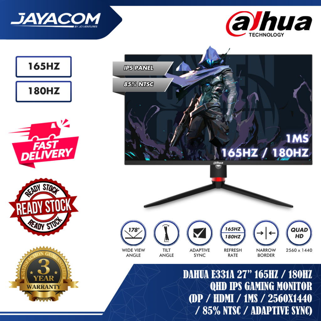 Dahua E331A 27” 165Hz / 180Hz QHD IPS Gaming Monitor (1ms / DP / HDMI / 2560x1440 / 85% NTSC ...
