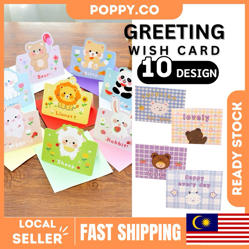 Ins Cute Cartoon Bear Rabbit DIY Message Note Greeting Card Birthday ...