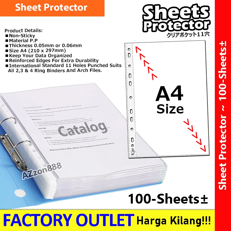 【100-PCS】Sheet Protector A4 Size 11-Hole Transparent Super Clear OPP ...