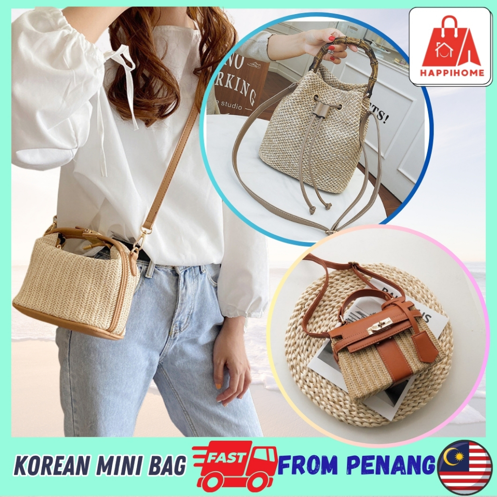 Korean Stylo Woven Knitted Beg Rotan Woman Rattan Sling Bag Handbag ...