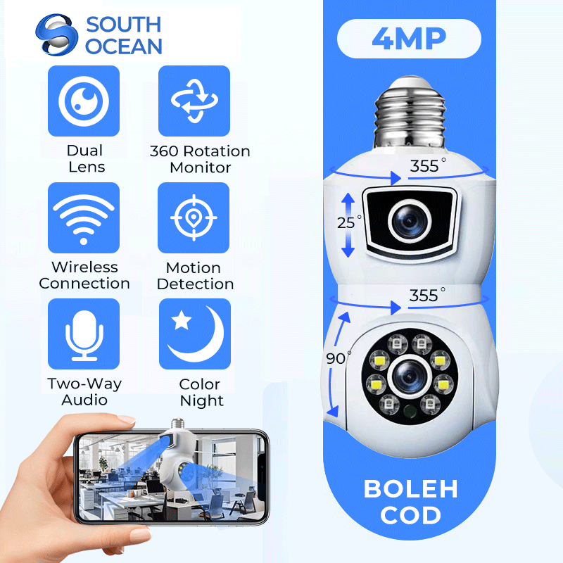 South Ocean Dual Lens 4MP CCTV Camera WiFi Wireless Outdoor E27 Bulb ...