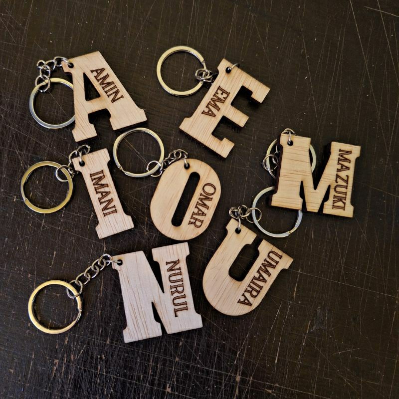 KeyChain Huruf Custom Name/ Design Engrave Wood Plywood Kayu Custom ...