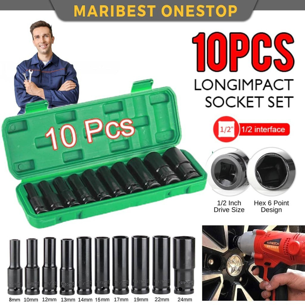 10PCS 1/2 Inch Long Impact Socket Set Black Deep Box Set Tool Set ...