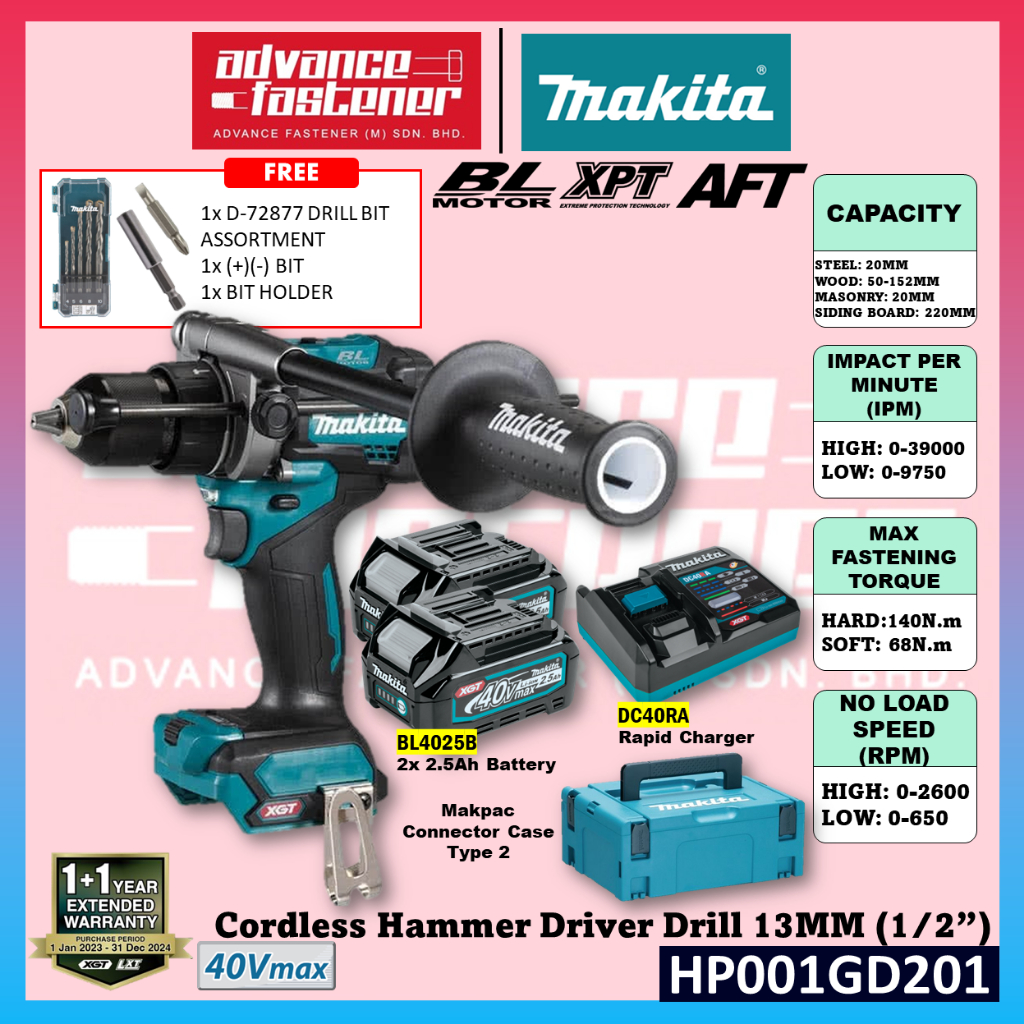 MAKITA HP001GD201 / HP001G / HP001GZ 40Vmax Cordless Hammer Driver Drill 13MM (1/2") | Shopee ...
