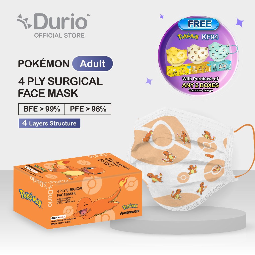 Durio 546A Pokemon 4 Ply Surgical Face Mask - Charmander (40 Pcs ...