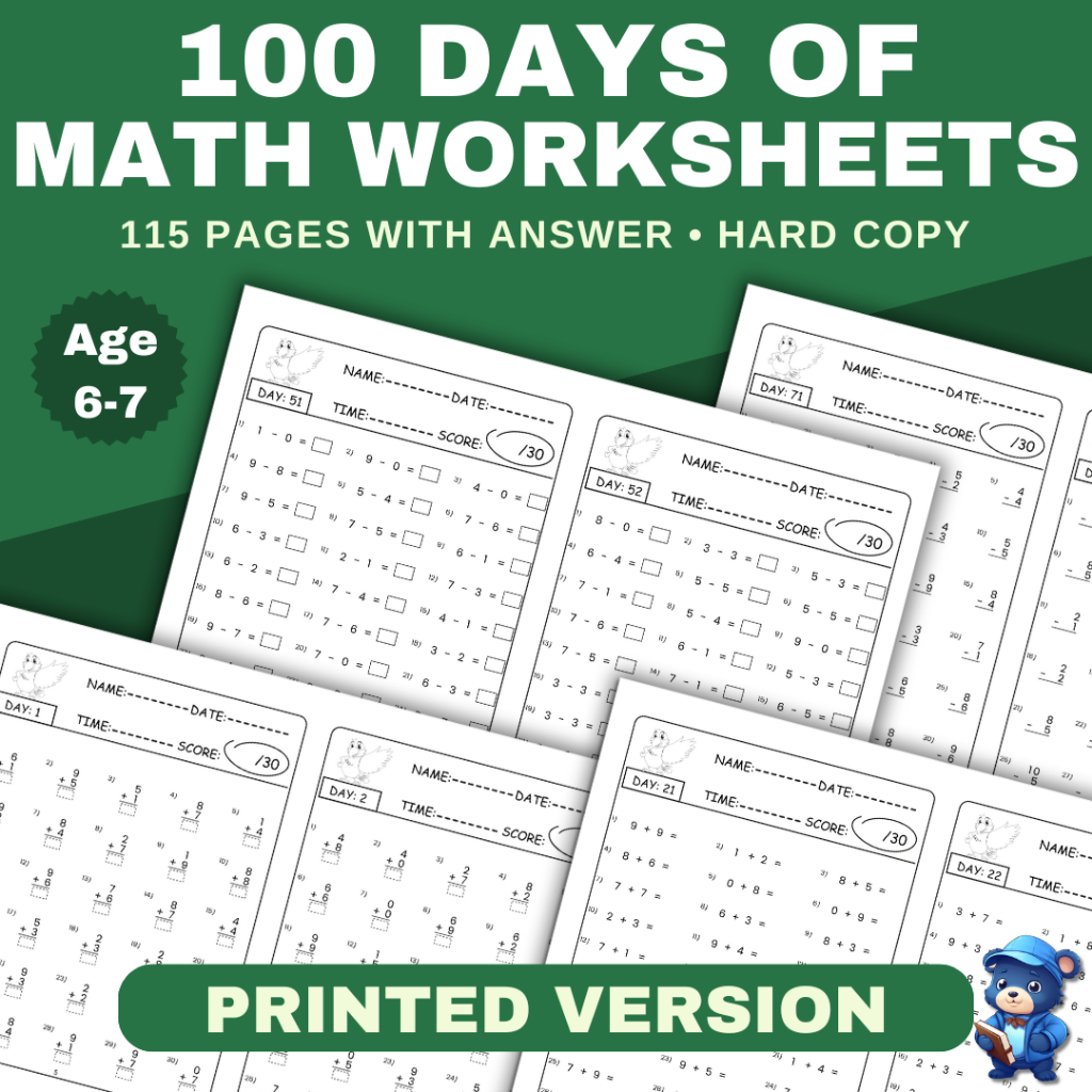 100 Days of Math Worksheets (Age 6–7) | 59 Pages | Hardcopy Exercises ...