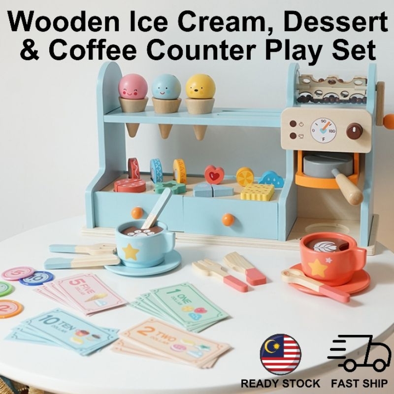 Wooden Ice Cream Dessert Coffee Counter Play Set Pretend Play Kids ...